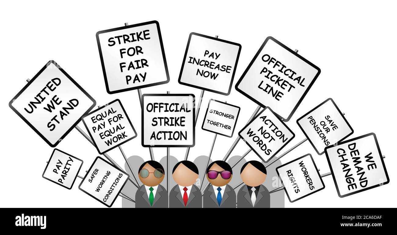 Workers on strike demonstrating with their demands on placards isolated ...