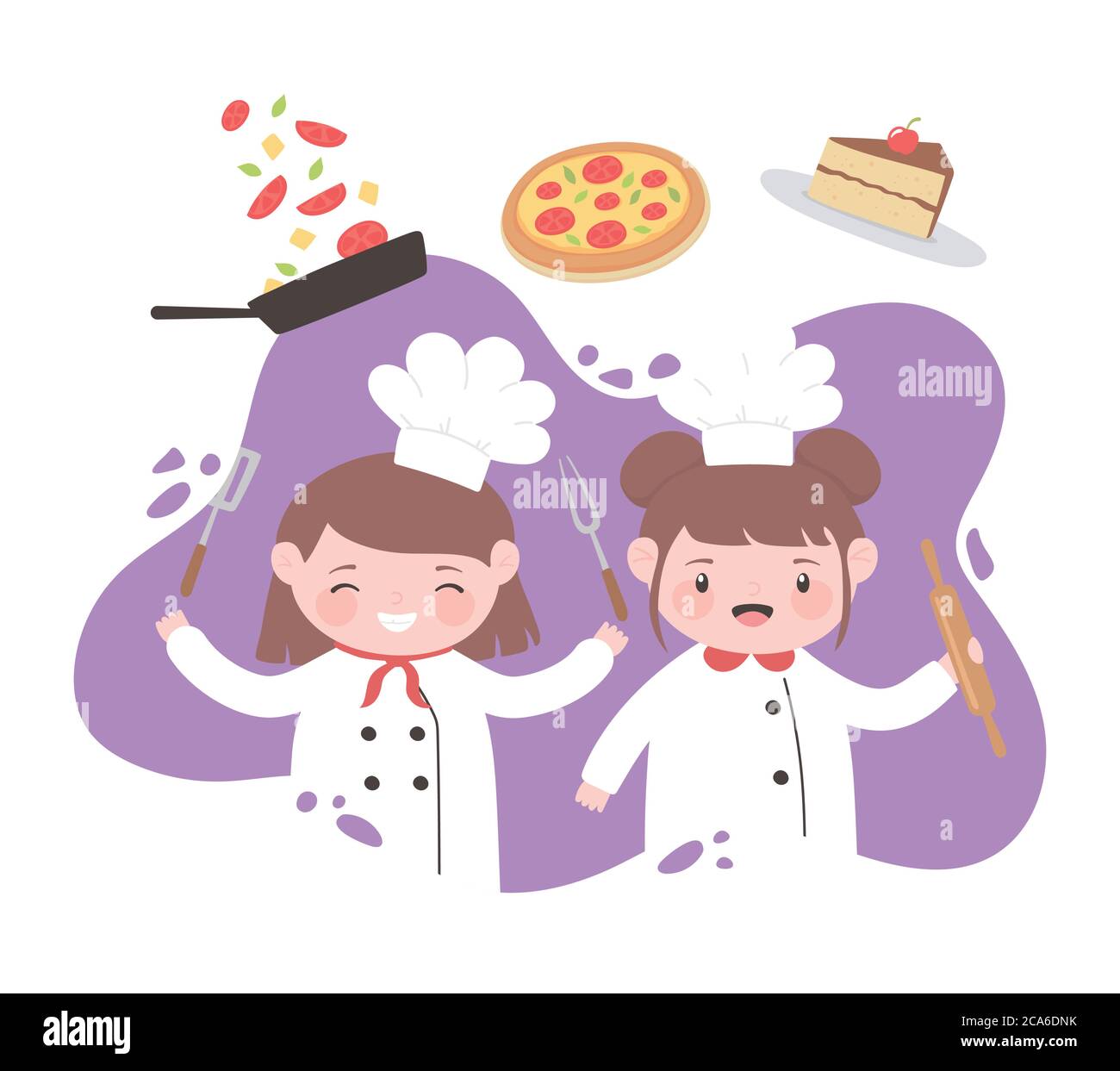 little girls chef cartoon character with pizza cake and utensils vector ...