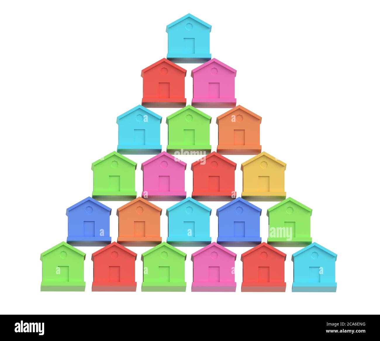 Small multi-colored houses are stacked in a pyramid shape, futuristic ...