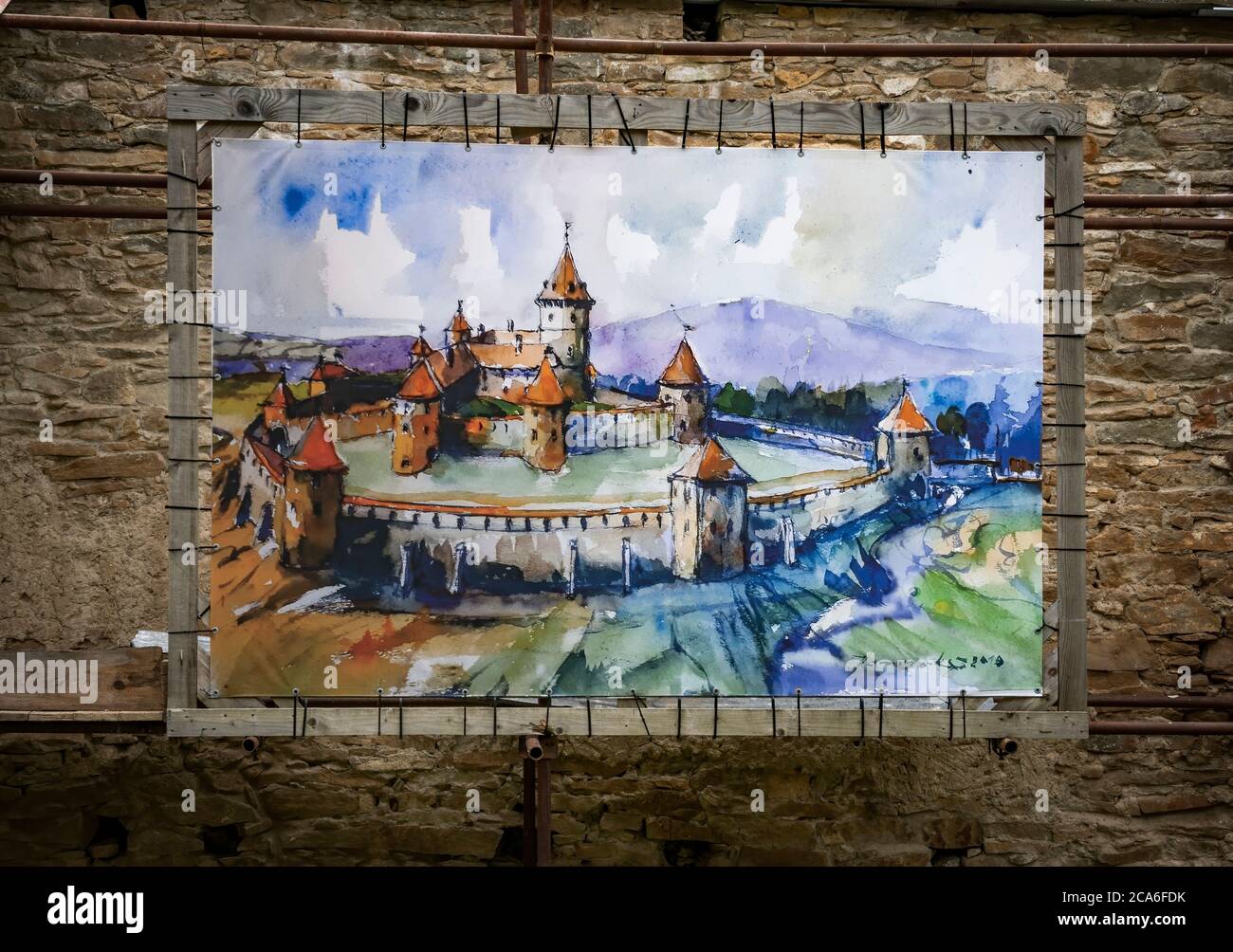 Reproduction of a painting showing Zborov Castle in medieval Zborov ...