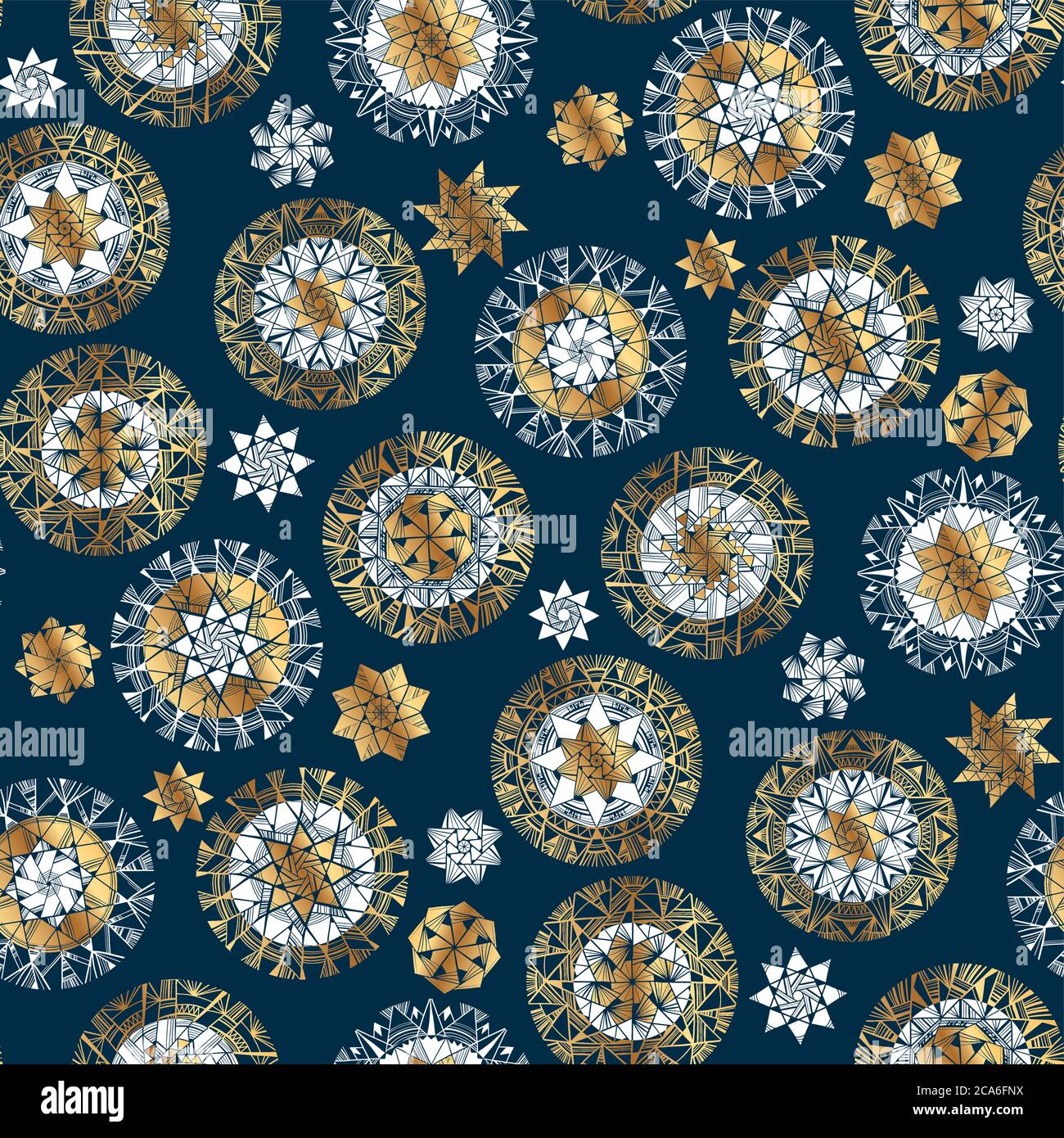 Gold and white complicated winter star and snowflake elegant seamless ...