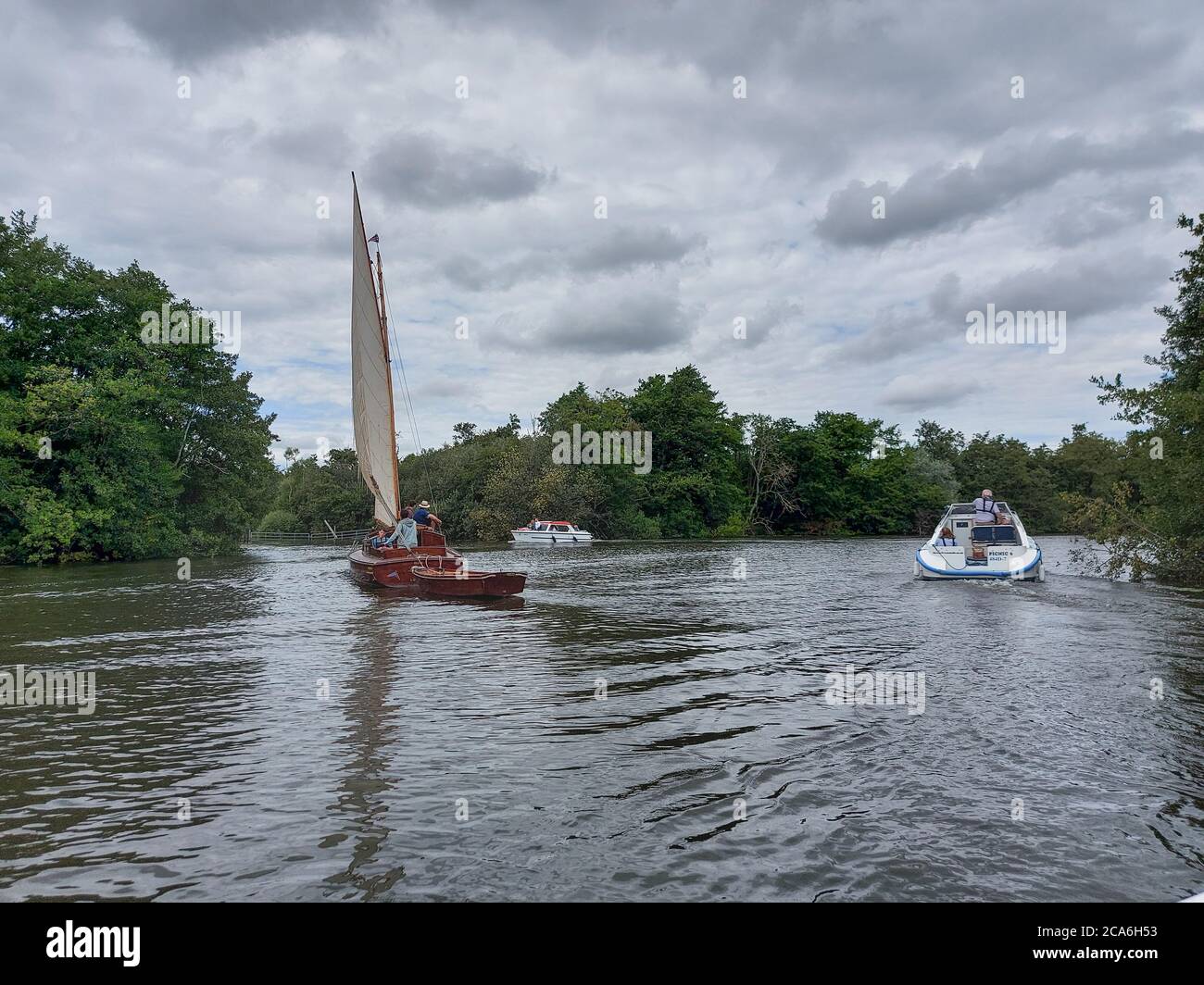 A traditional sailing Wherry boat on the Norfolk Broads, East Anglia ...