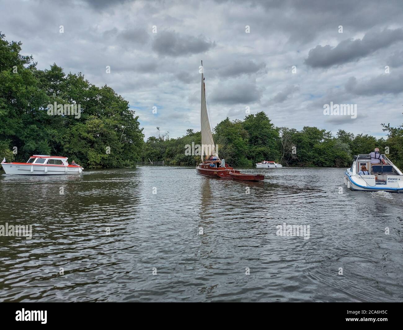 A sailing Wherry on the Norfolk Broads, East Anglia Tourism Stock Photo ...