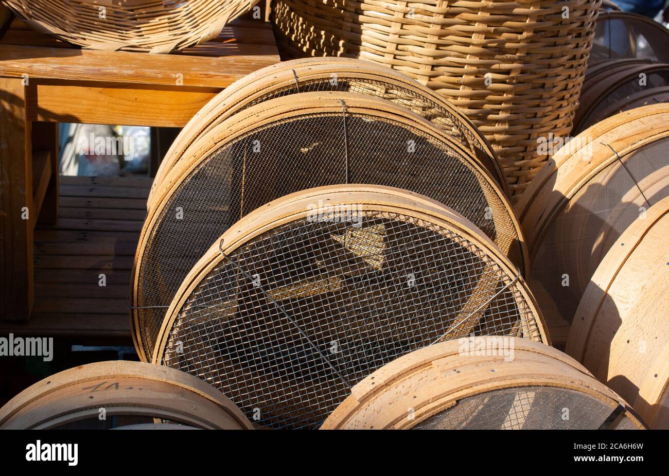 Traditional type sieves made of wood Stock Photo - Alamy