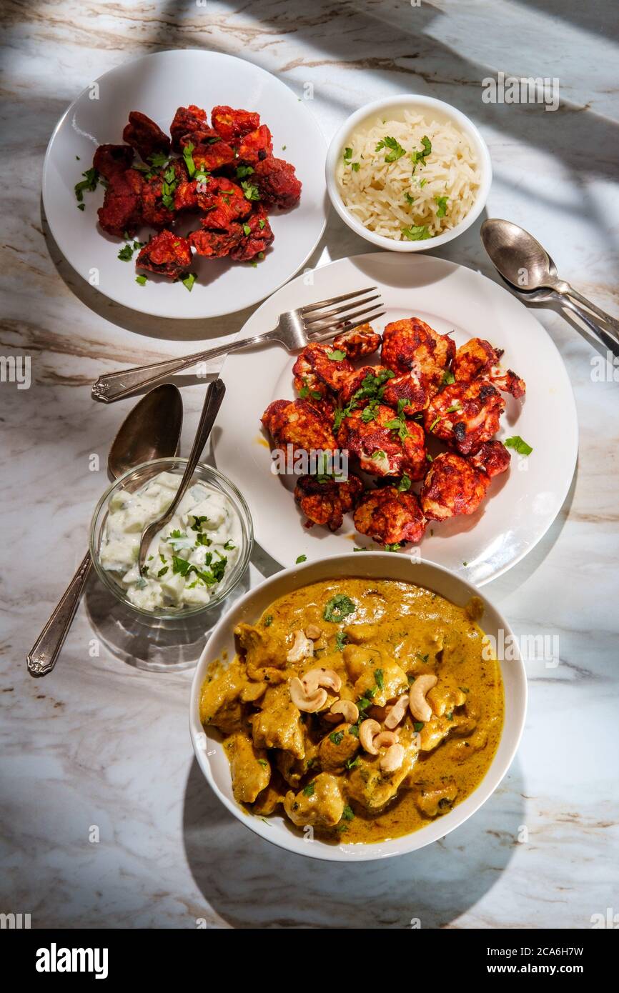 Indian dinner korma with mushroom 65 tandoori cauliflower rice and ...