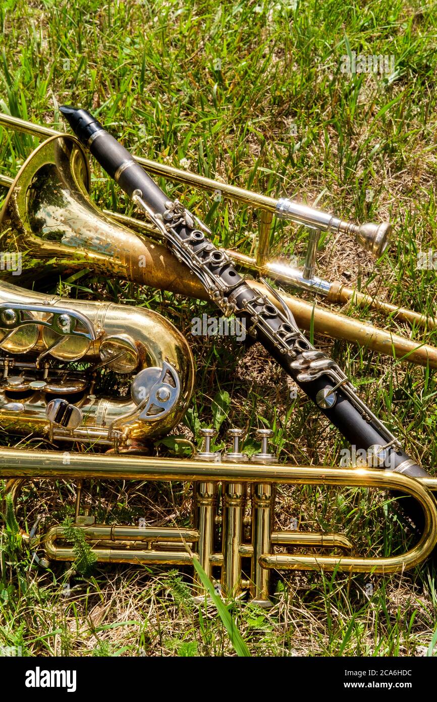 Musical instruments including trombone trumpet clarinet and saxophone ...