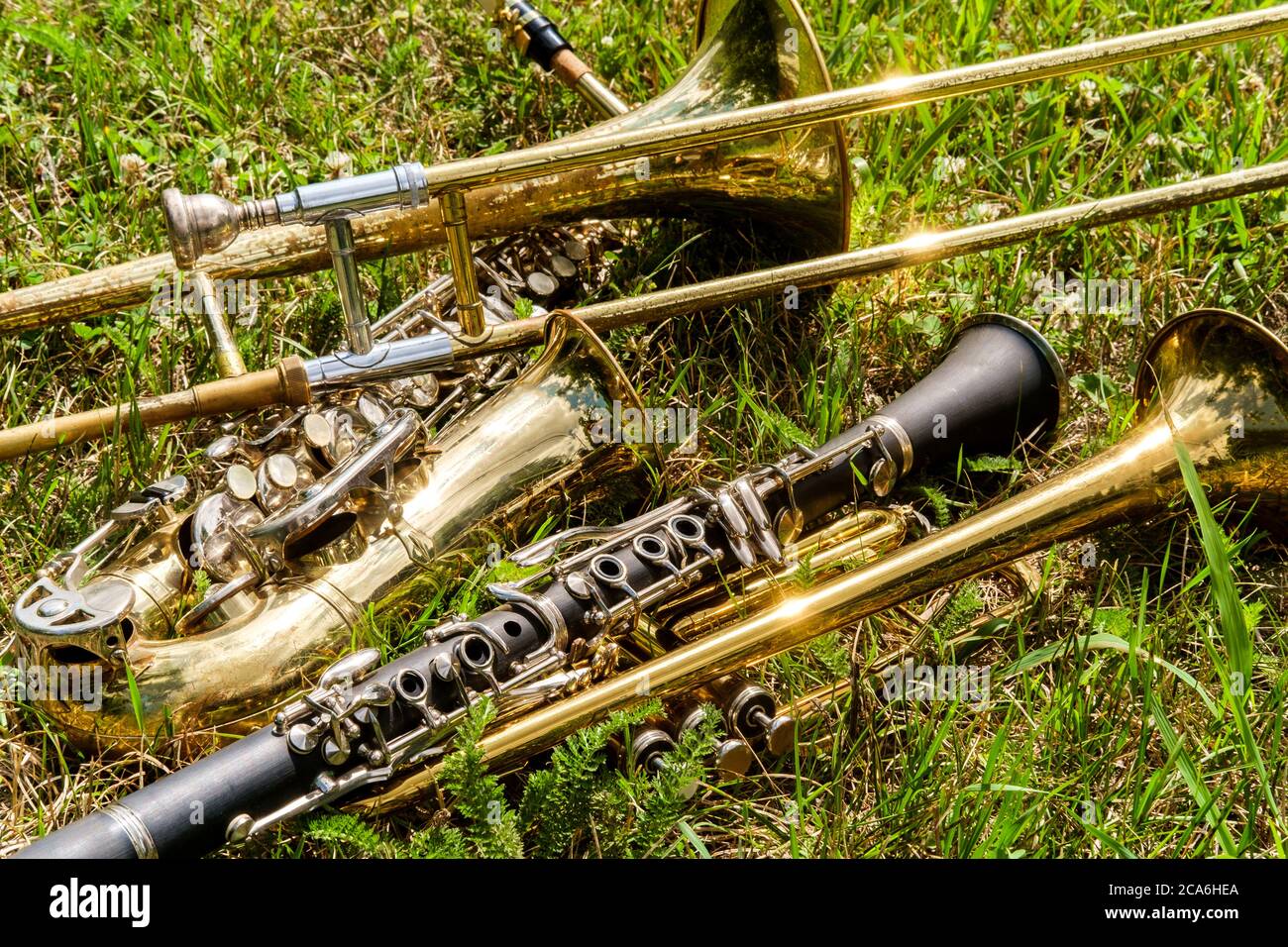 Musical instruments including trombone trumpet clarinet and saxophone ...