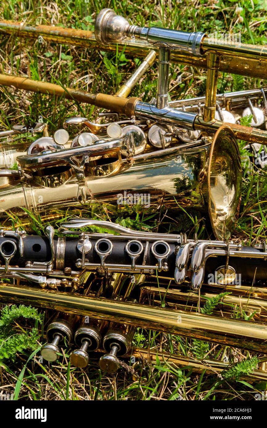 Musical instruments including trombone trumpet clarinet and saxophone ...