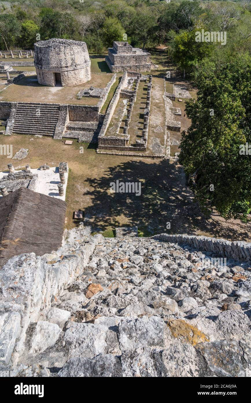 Looking down the steep stairway on the Pyramid of Kukulkan toward the ...