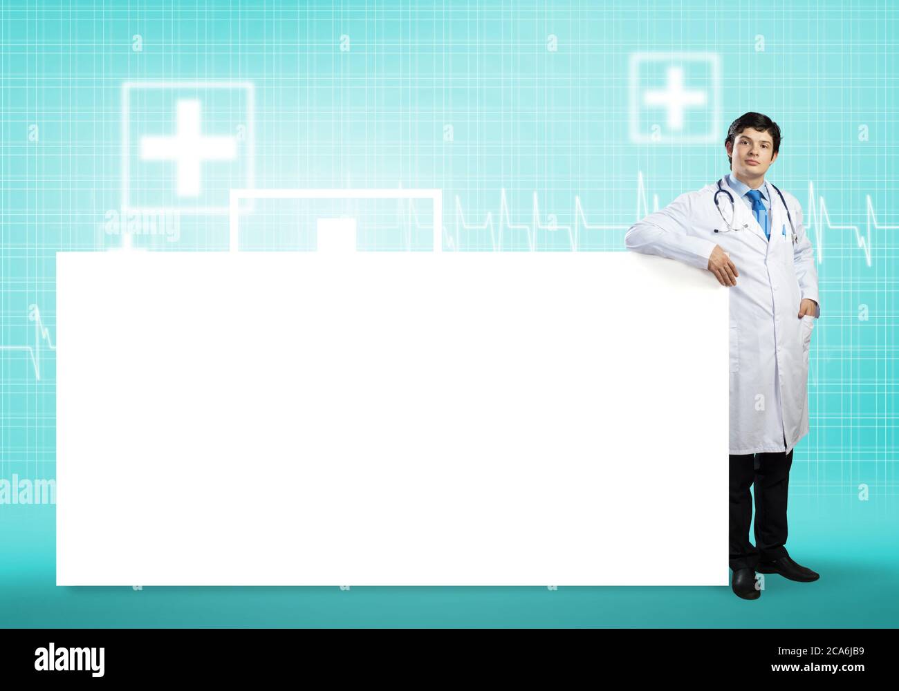Doctor with banner Stock Photo - Alamy