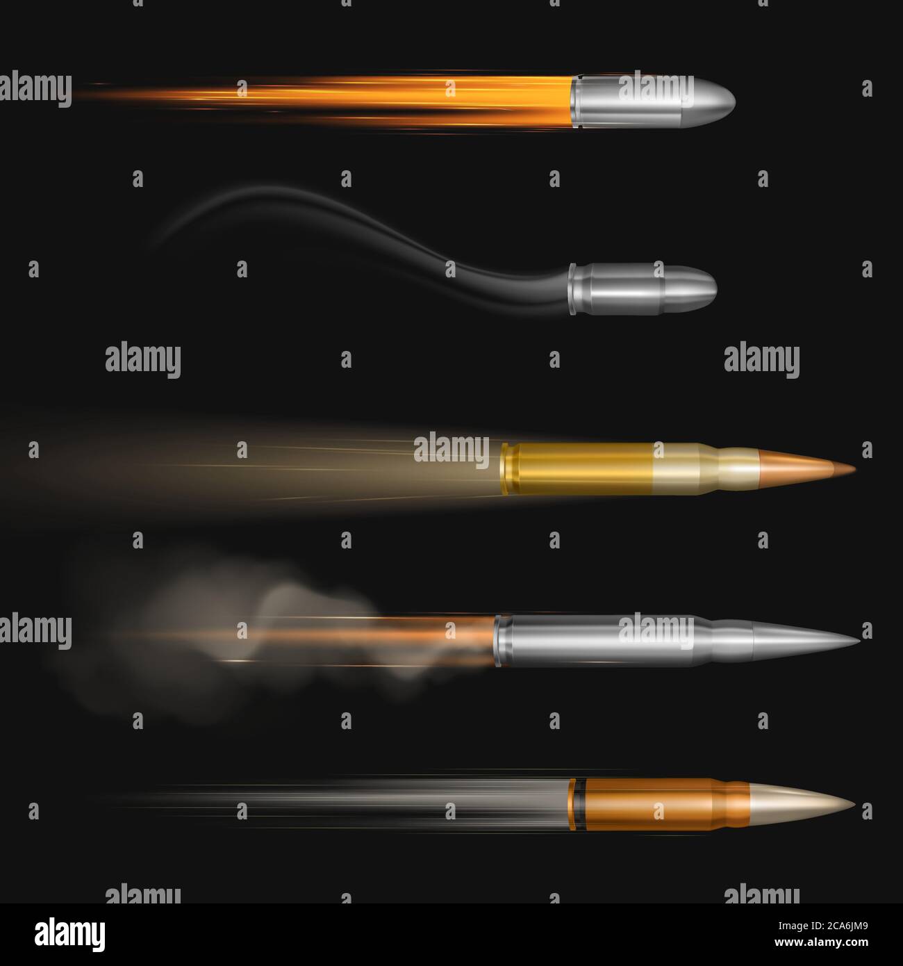 Flying bullets with fire and smoke traces. Shooting military handgun ...