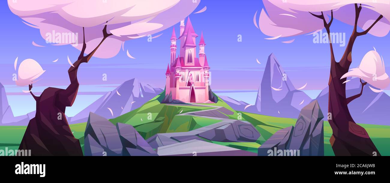 Magic pink castle on green hill. Vector cartoon landscape with ...