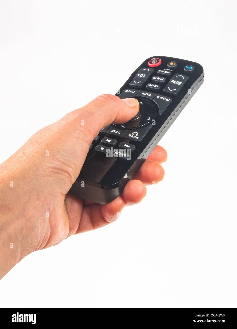 hand holding a remote control on white background, close-up Stock Photo ...