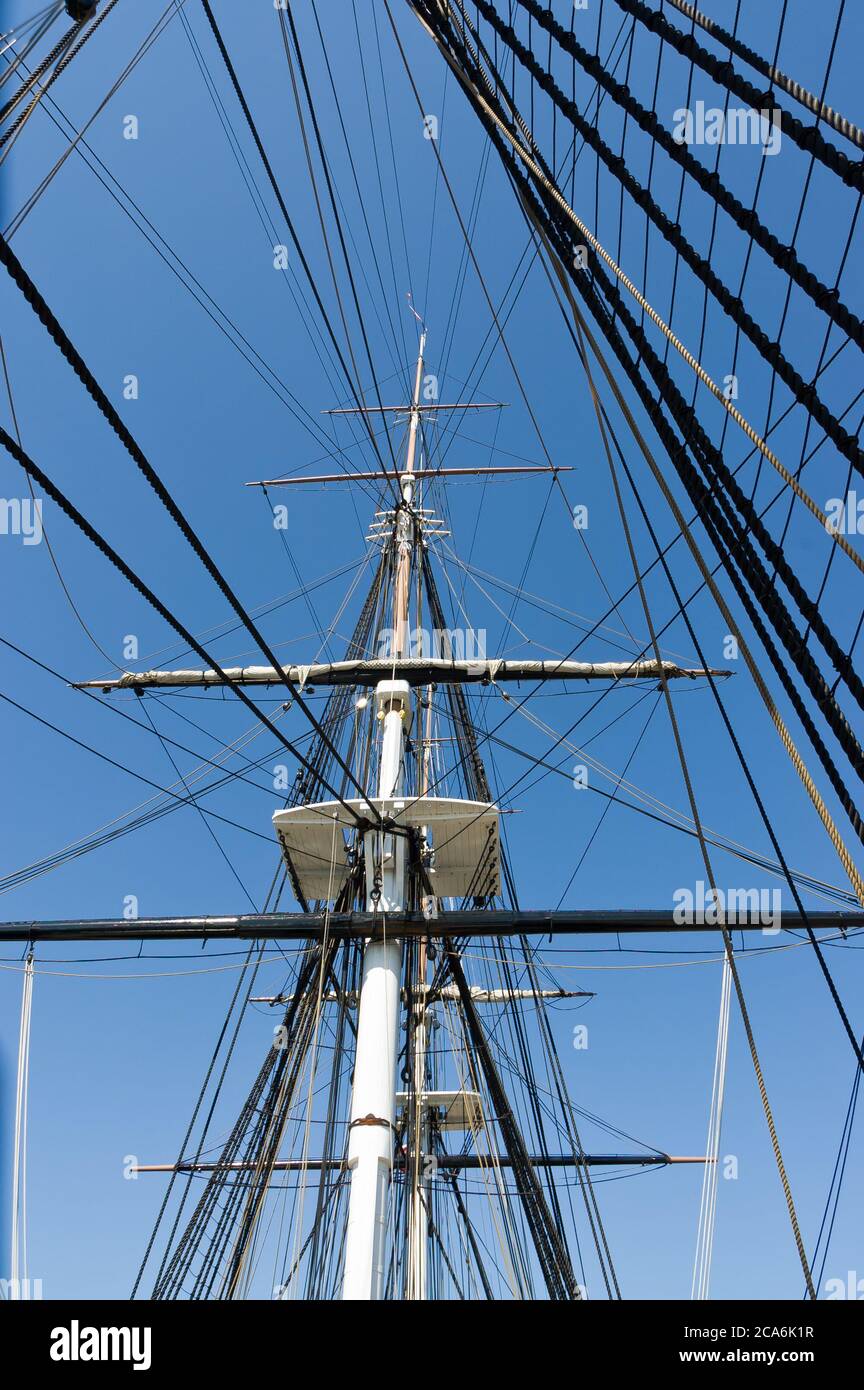 Masts and rigging of a historic war ship Uss Constitution , Boston Mass ...