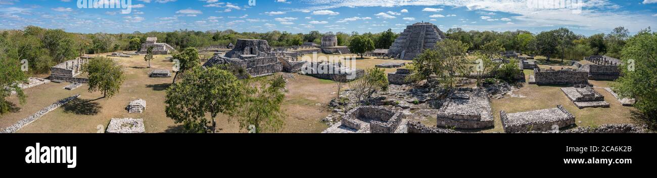 A panorama of the ruins of the Post-Classic Mayan city of Mayapan ...