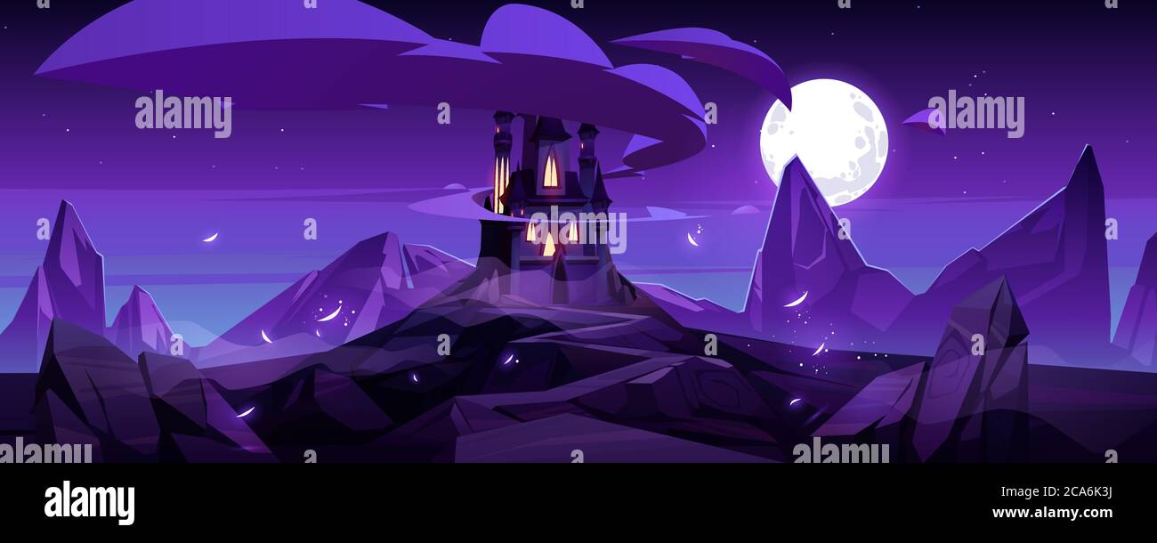 Magic castle at night on mountain, fairytale palace with turrets and ...