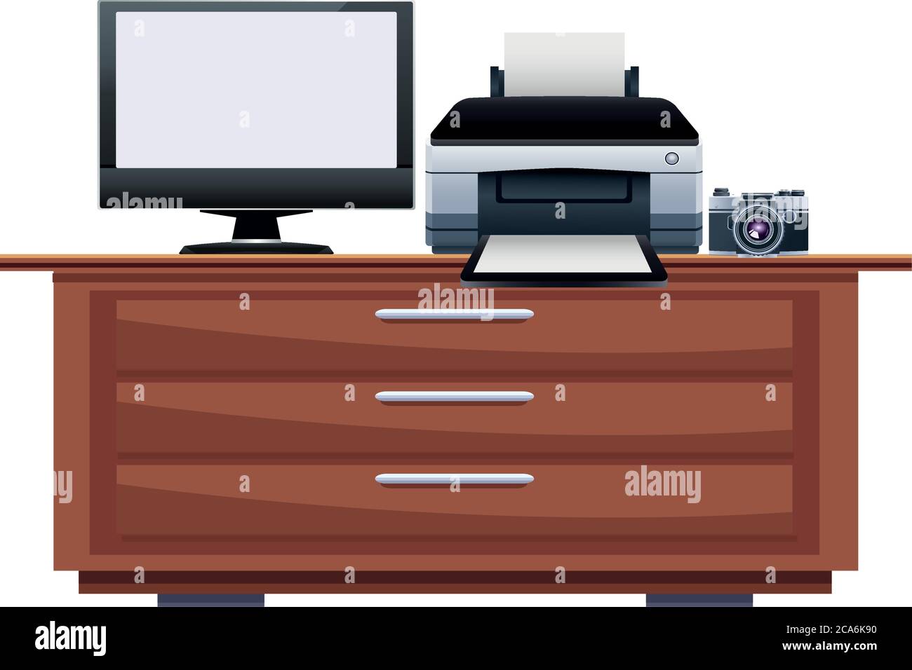 computer monitor display with printer machine and camera in wooden ...