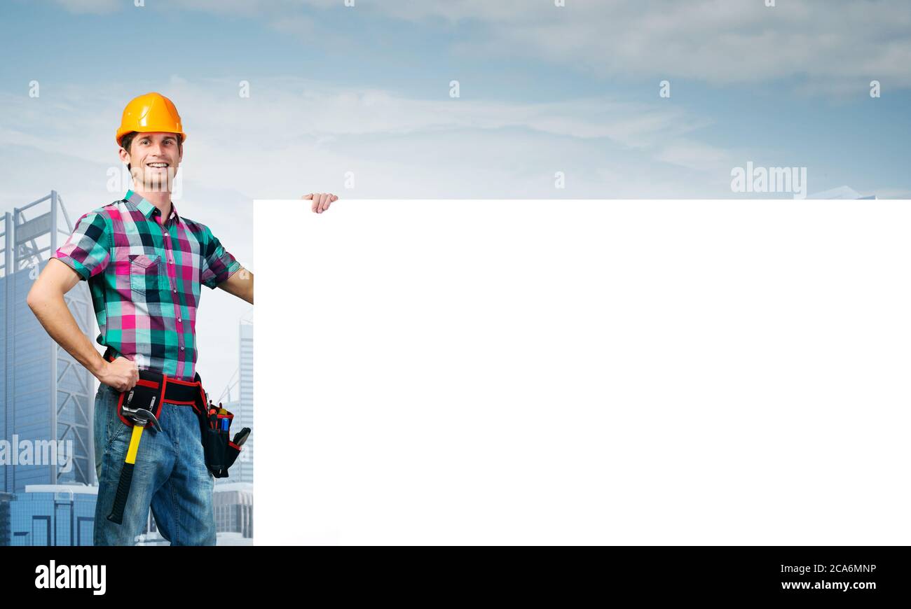 Repairman demonstrating banner Stock Photo - Alamy