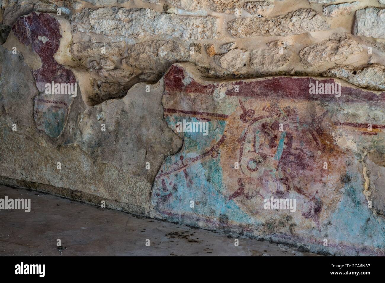 A painted fresco in the Room of the Frescos at the base of the Pyramid ...