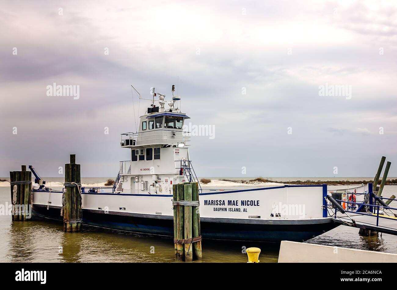 The Marissa Mae Nicole, or Mobile Bay Ferry, is docked on a stormy day ...