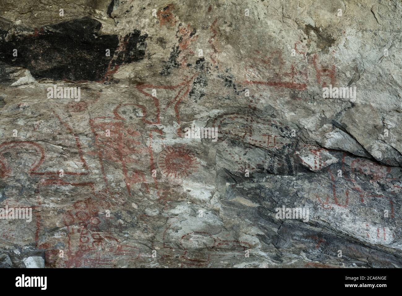 5,000 year old pictograph rock art paintings in the Mitla Caves in the ...