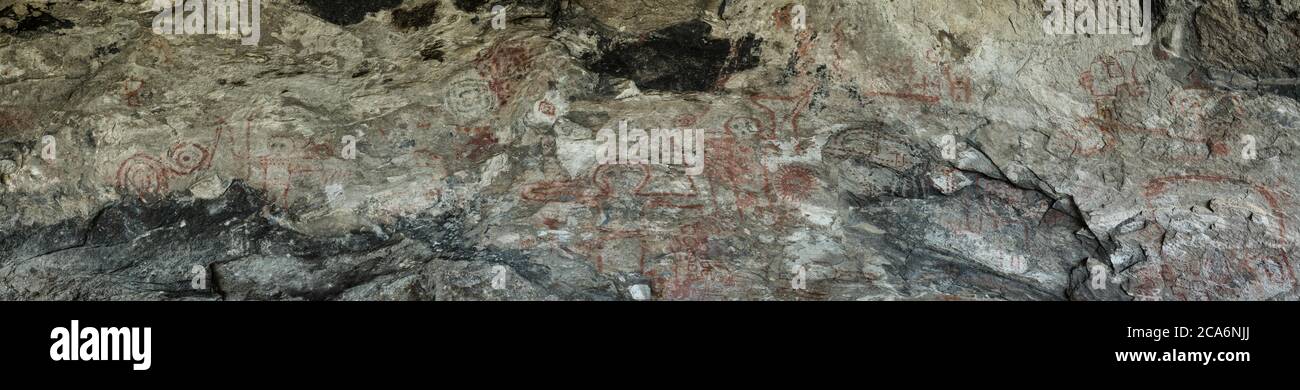 5,000 year old pictograph rock art paintings in the Mitla Caves in the ...