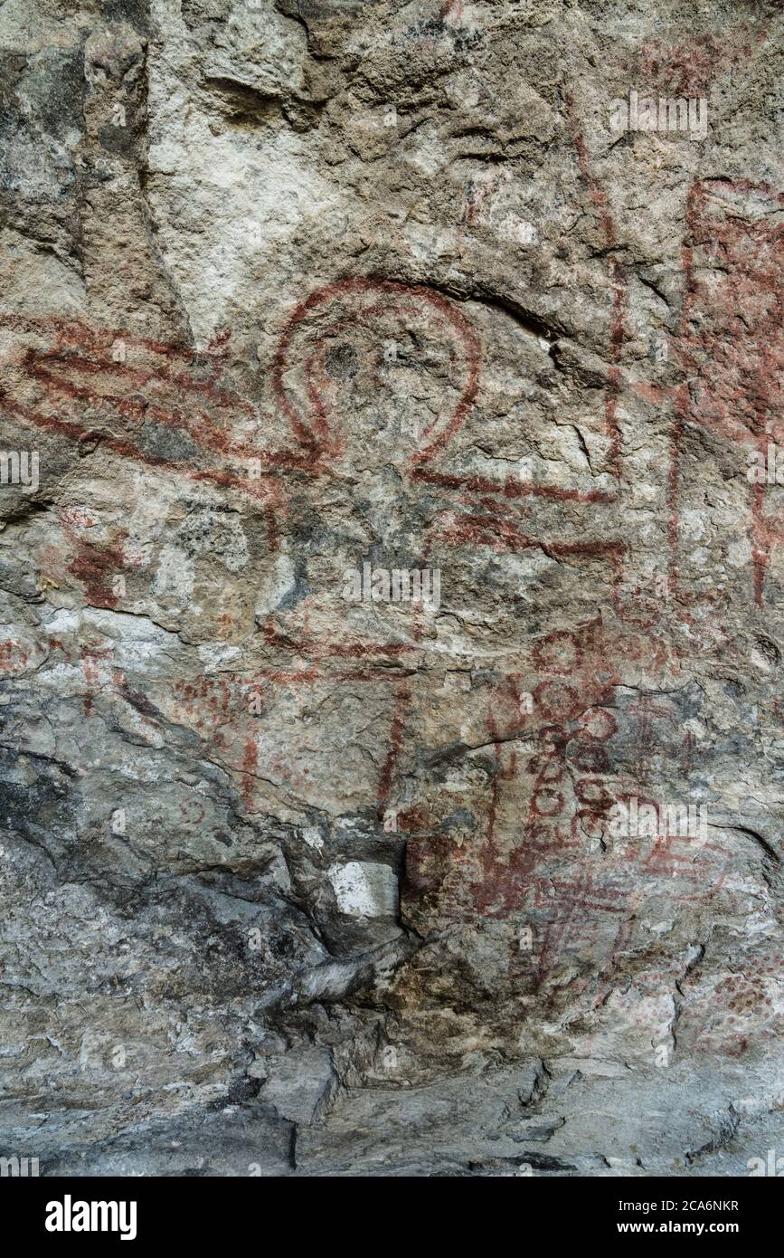 5,000 year old pictograph rock art paintings in the Mitla Caves in the ...