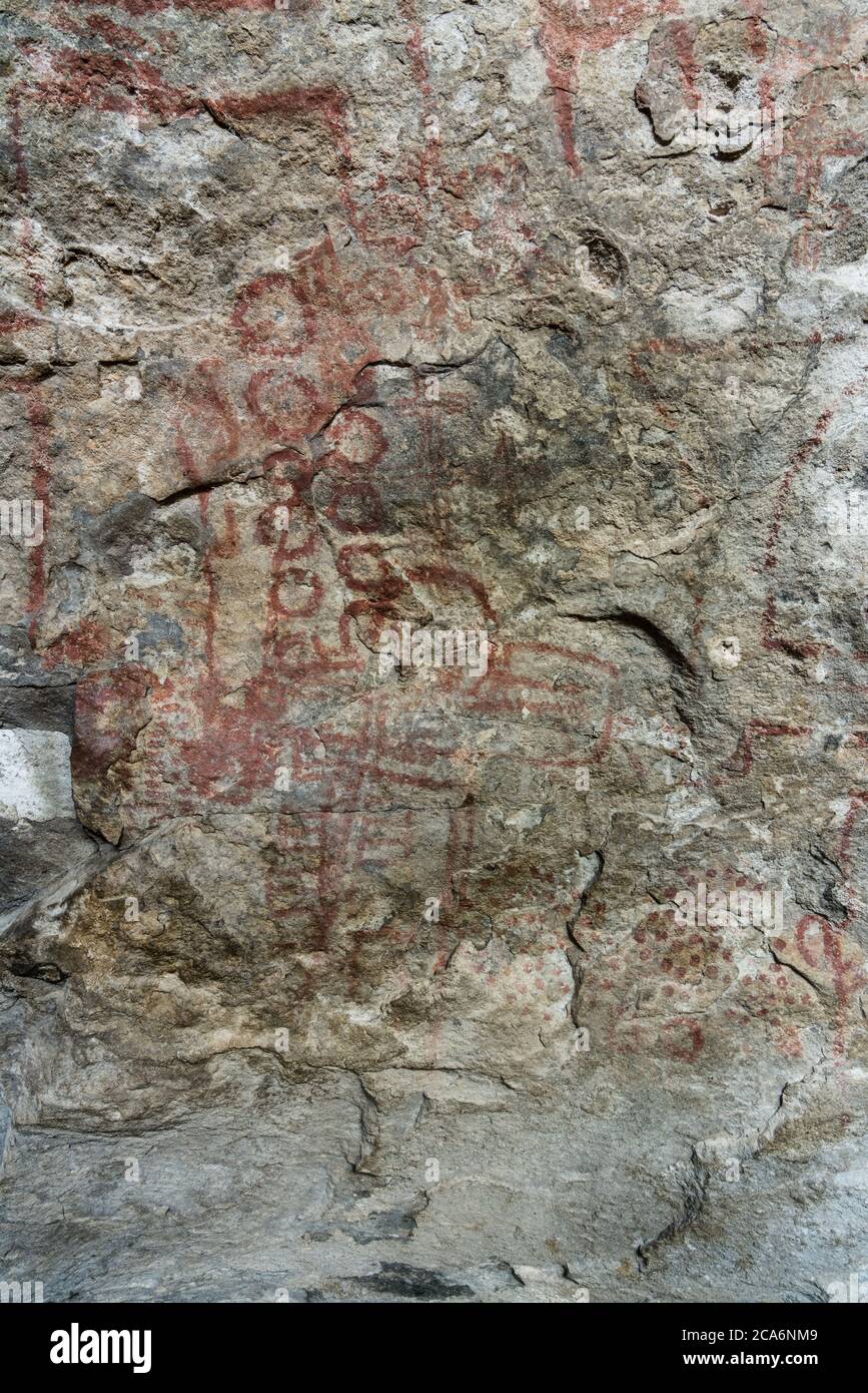 5,000 year old pictograph rock art paintings in the Mitla Caves in the ...
