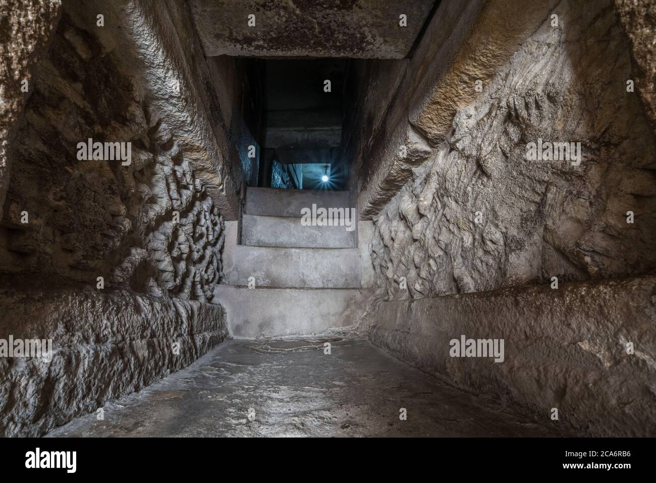 Entrance tunnel in Tomb 2 in the ruins of the Zapotec city of Mitla in ...
