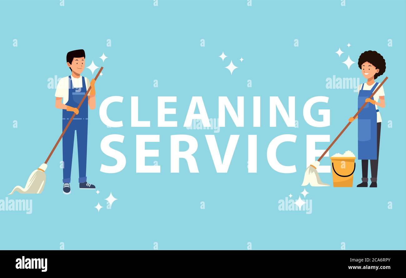 housekeeping couple workers with tools characters vector illustration ...