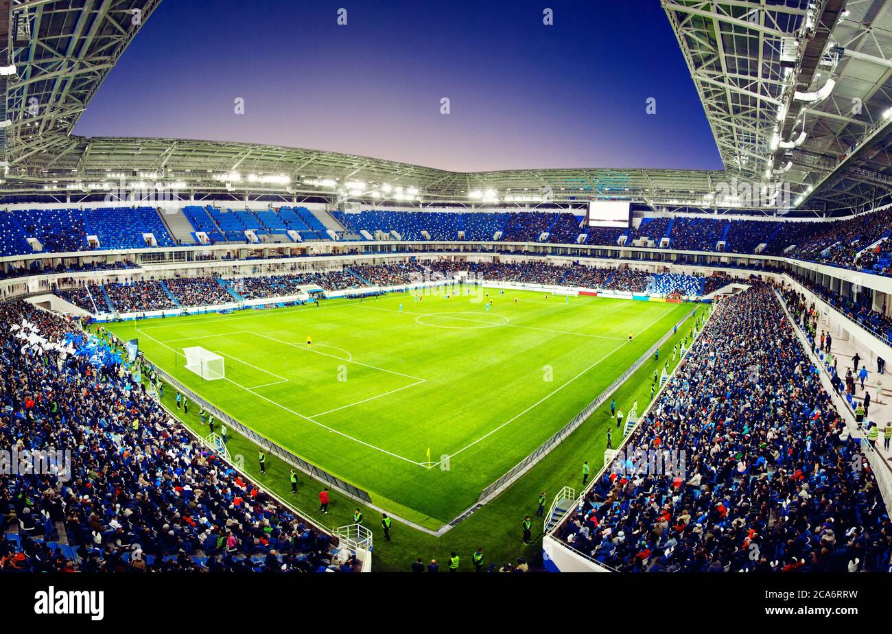 Football stadium, shiny lights, view from field. Soccer concept Stock ...