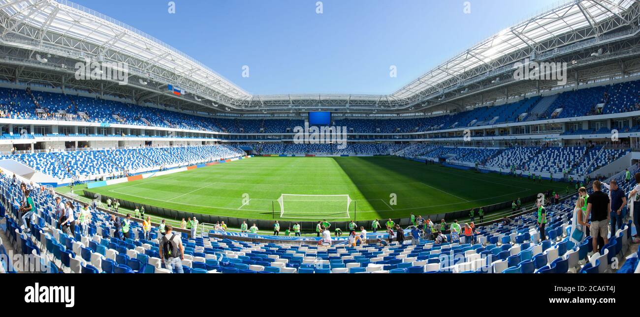Football stadium, shiny lights, view from field. Soccer concept Stock ...