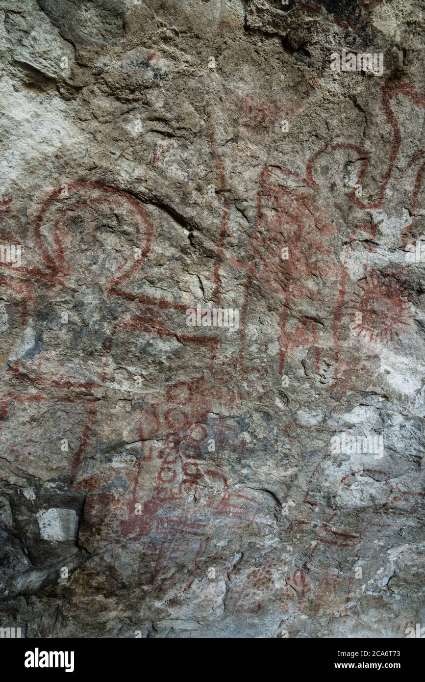 5,000 year old pictograph rock art paintings in the Mitla Caves in the ...