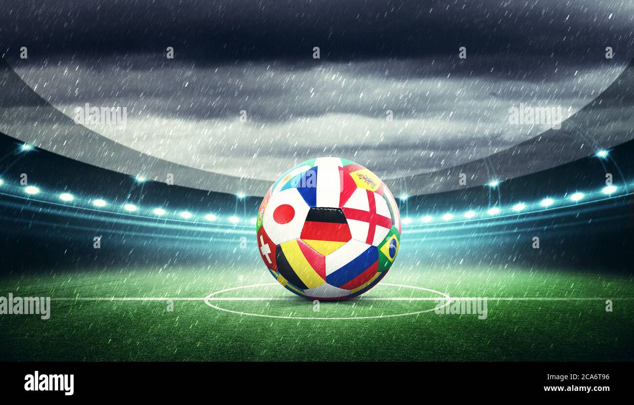 Football stadium, shiny lights, view from field. Soccer concept Stock ...