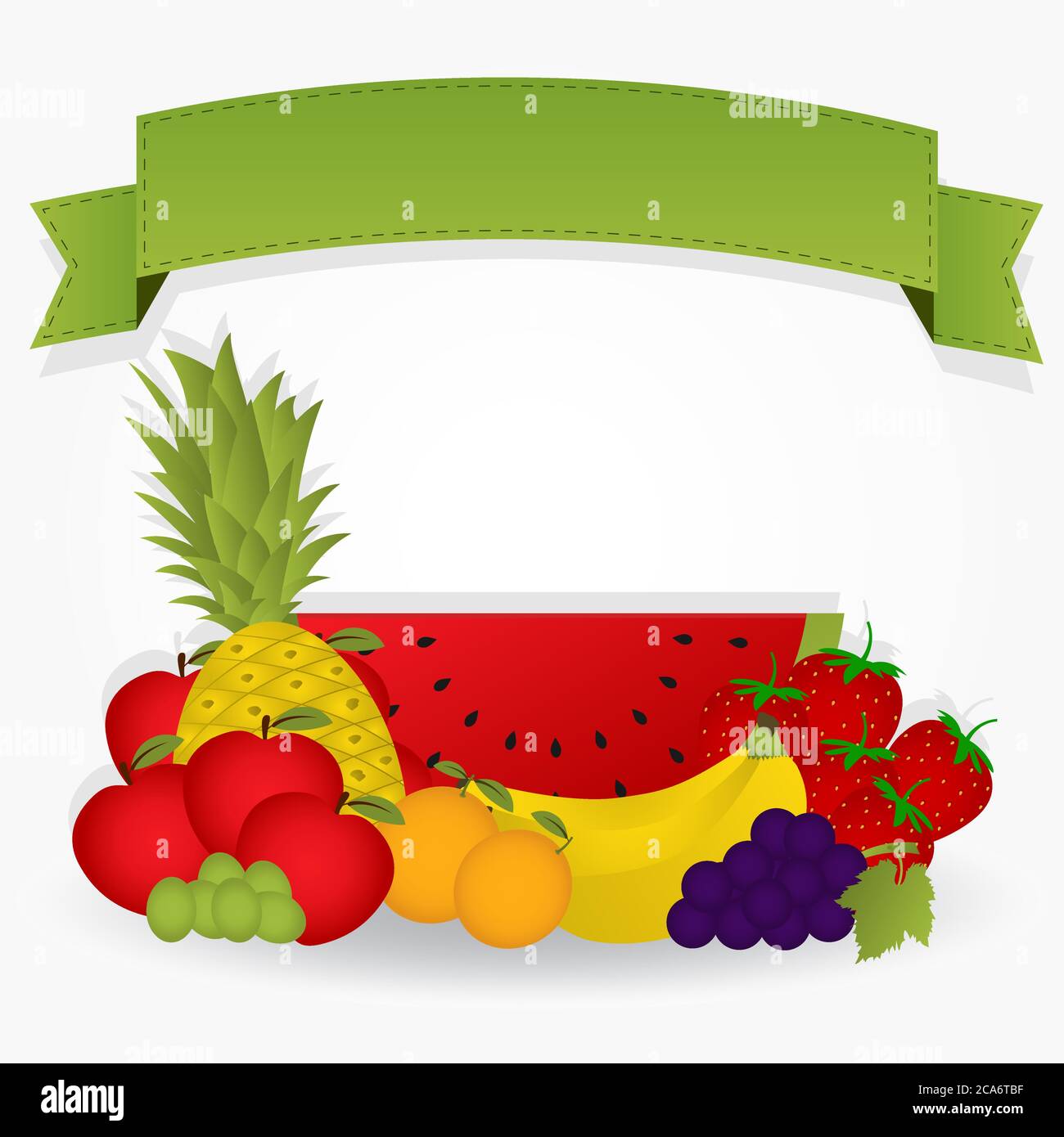 Group of fruit with a ribbon with copy space. The fruits are apple ...