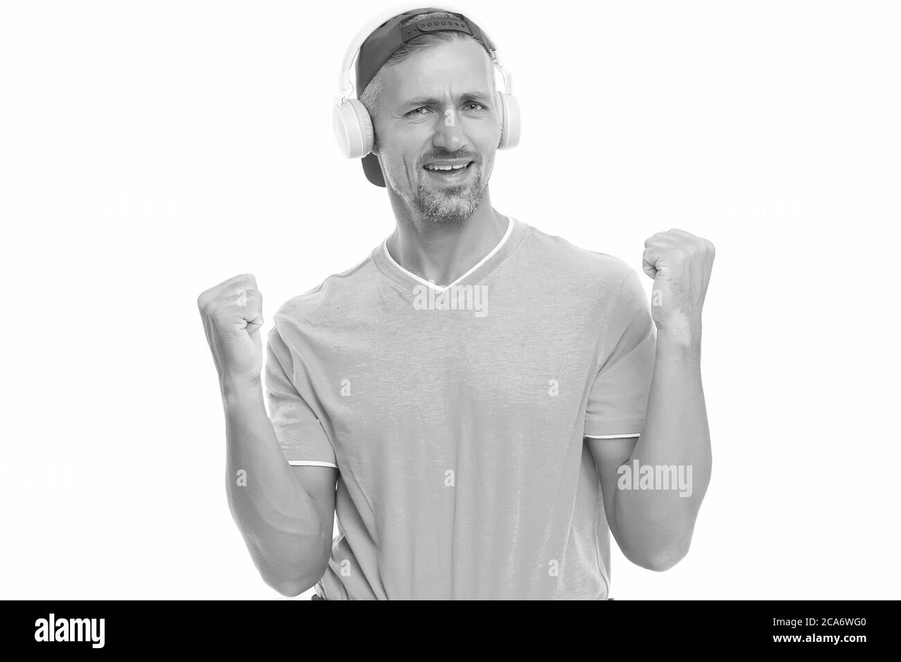 Music makes me happy. Happy man listen to music isolated on white ...