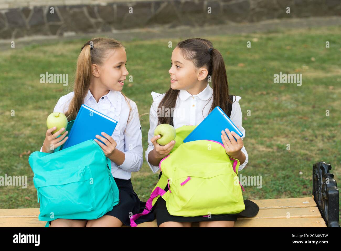 Beginning their knowledge journey. Happy girls back to school on ...