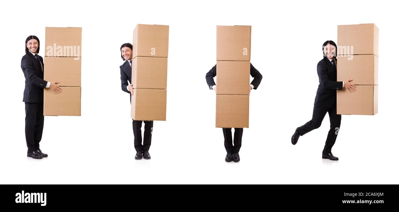 The funny man with boxes on white Stock Photo - Alamy