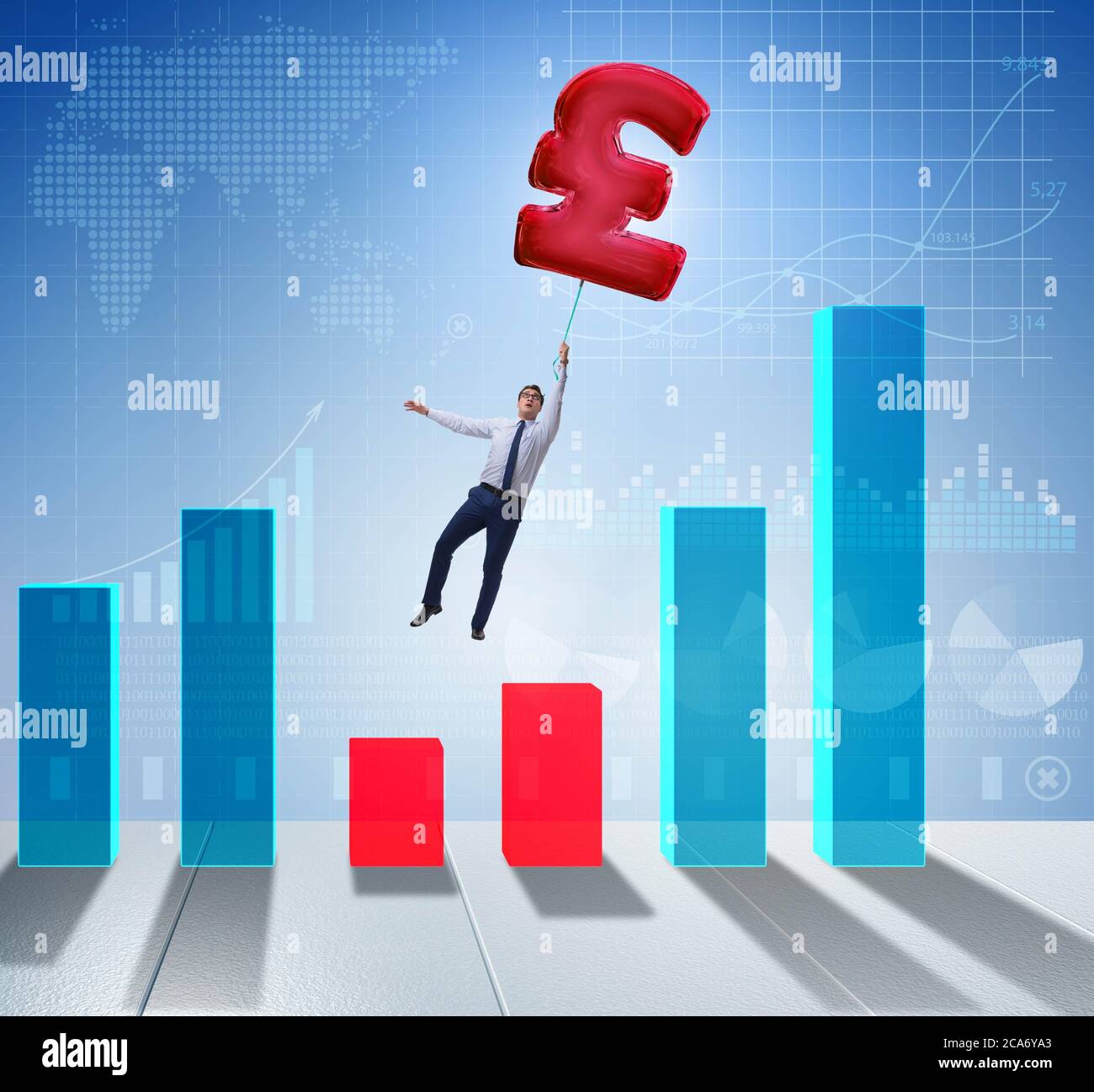 The businessman flying on british pound sign inflatable balloon Stock ...