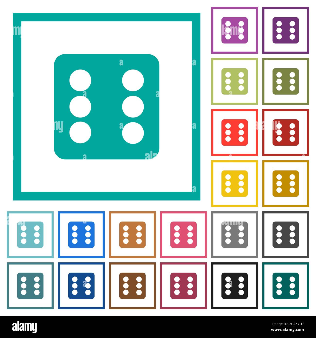 Dice six flat color icons with quadrant frames on white background ...