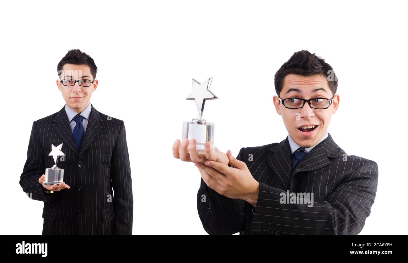 The funny guy receiving award on white Stock Photo - Alamy