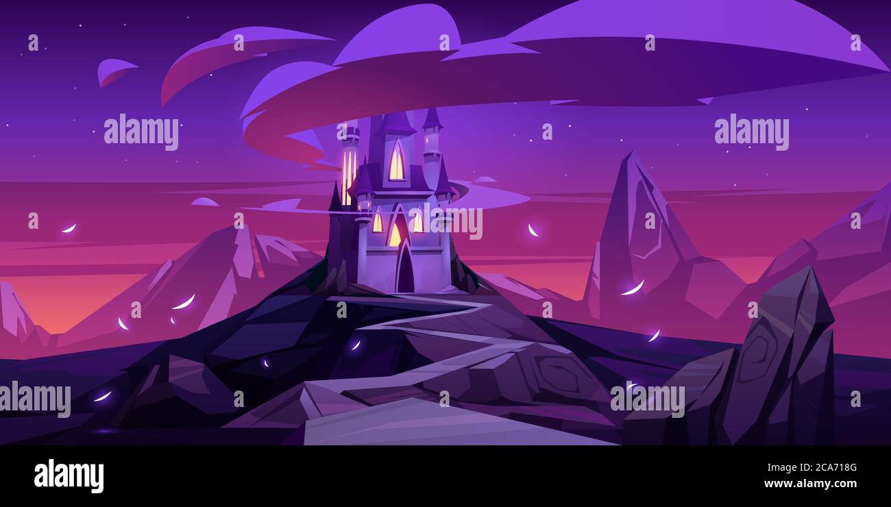 Magic castle in mountains after sunset. Vector cartoon landscape with ...