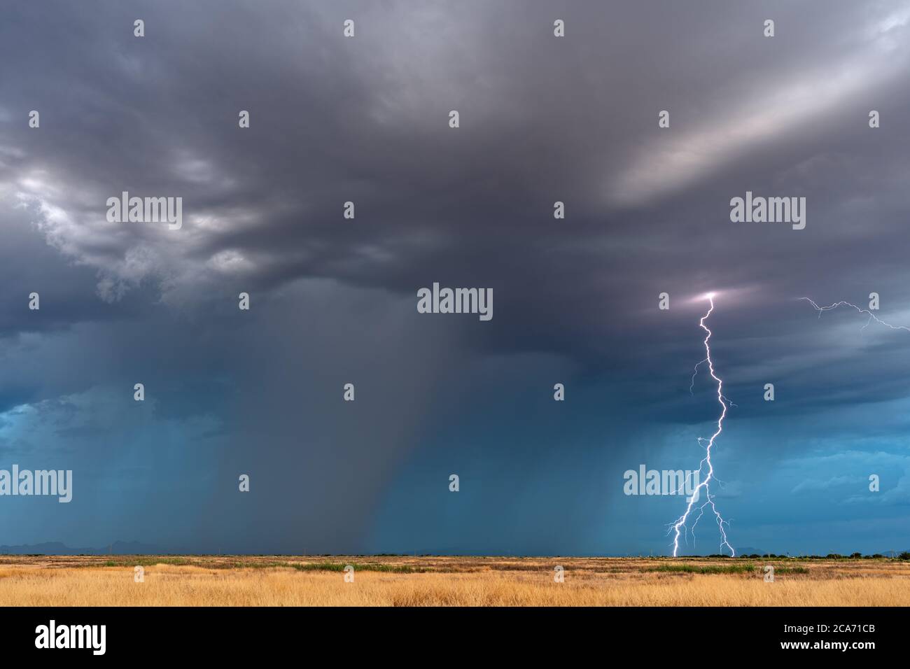 Arizona monsoon storm with a lightning bolt striking in the desert ...