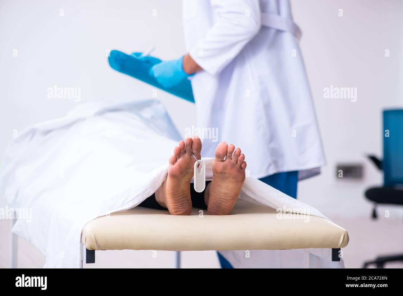 Police coroner examining dead body in morgue Stock Photo - Alamy