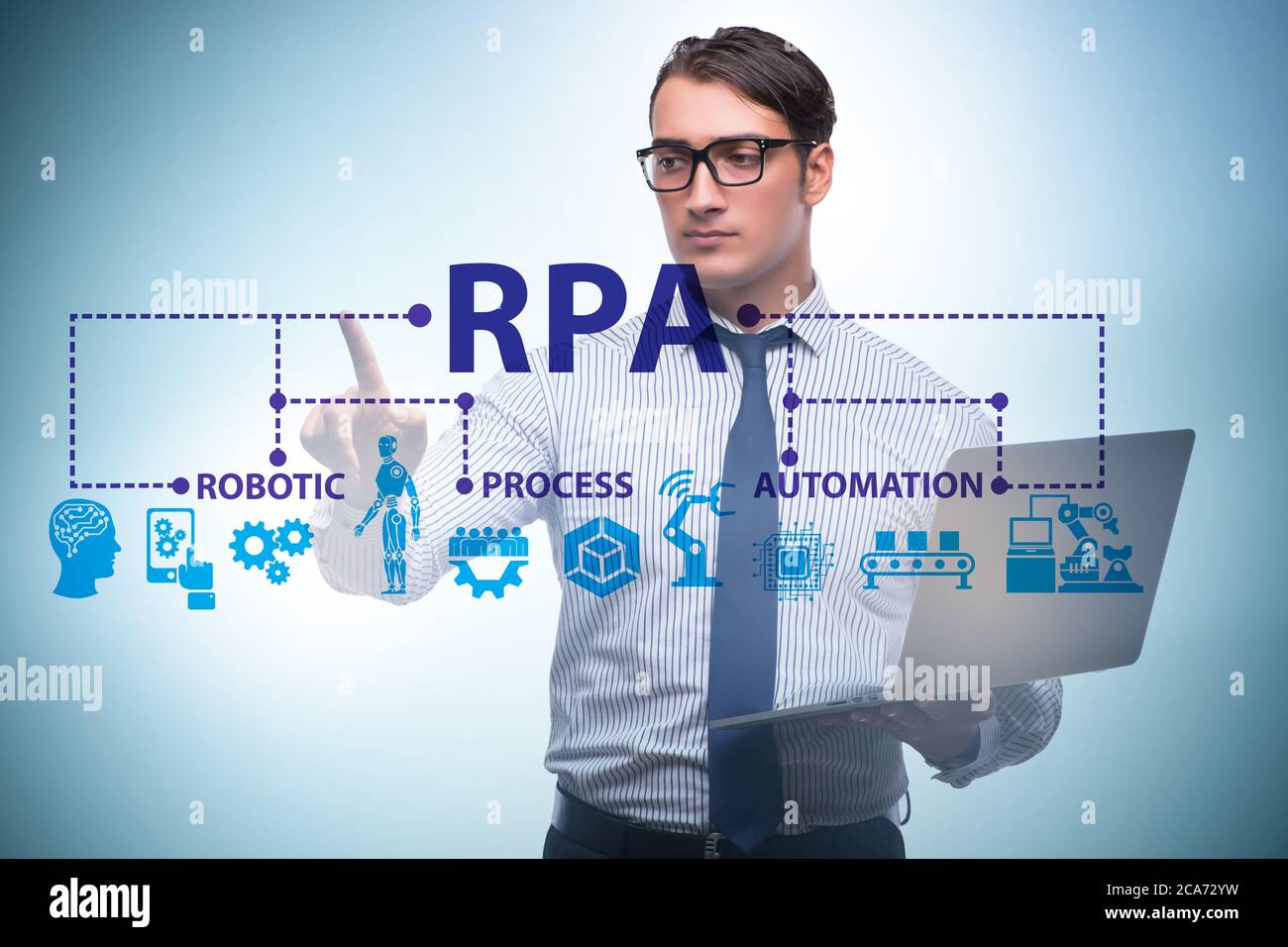 Businessman pressing buttons in the RPA concept Stock Photo - Alamy