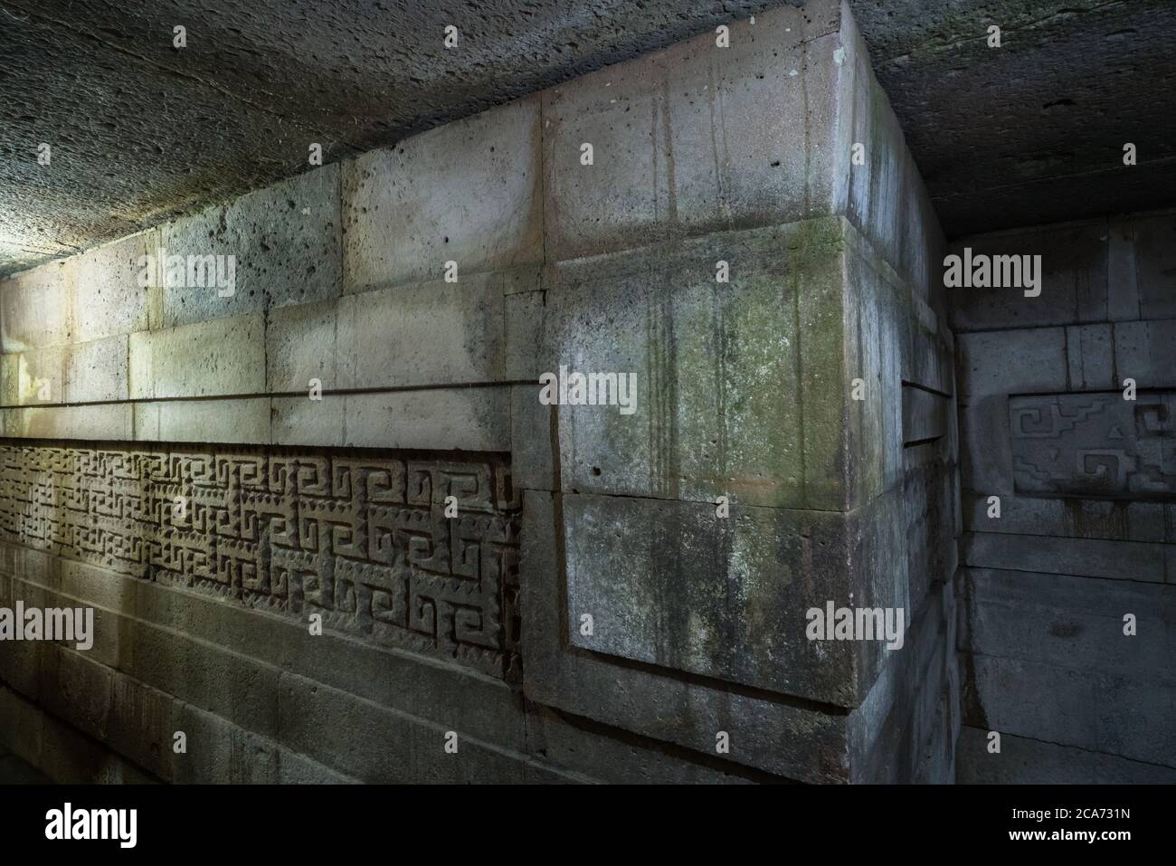 Stone fretwork panels in Tomb 2 in the ruins of the Zapotec city of ...