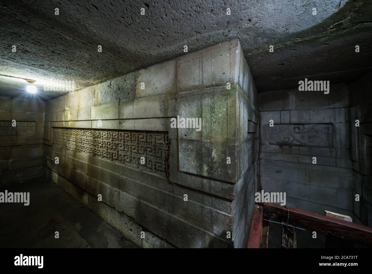 Stone fretwork panels in Tomb 2 in the ruins of the Zapotec city of ...