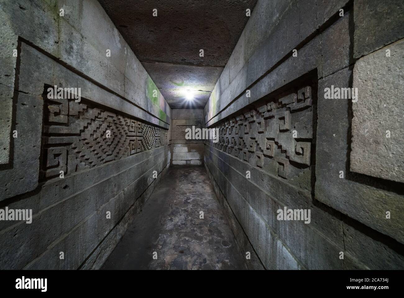 Stone fretwork panels in Tomb 2 in the ruins of the Zapotec city of ...