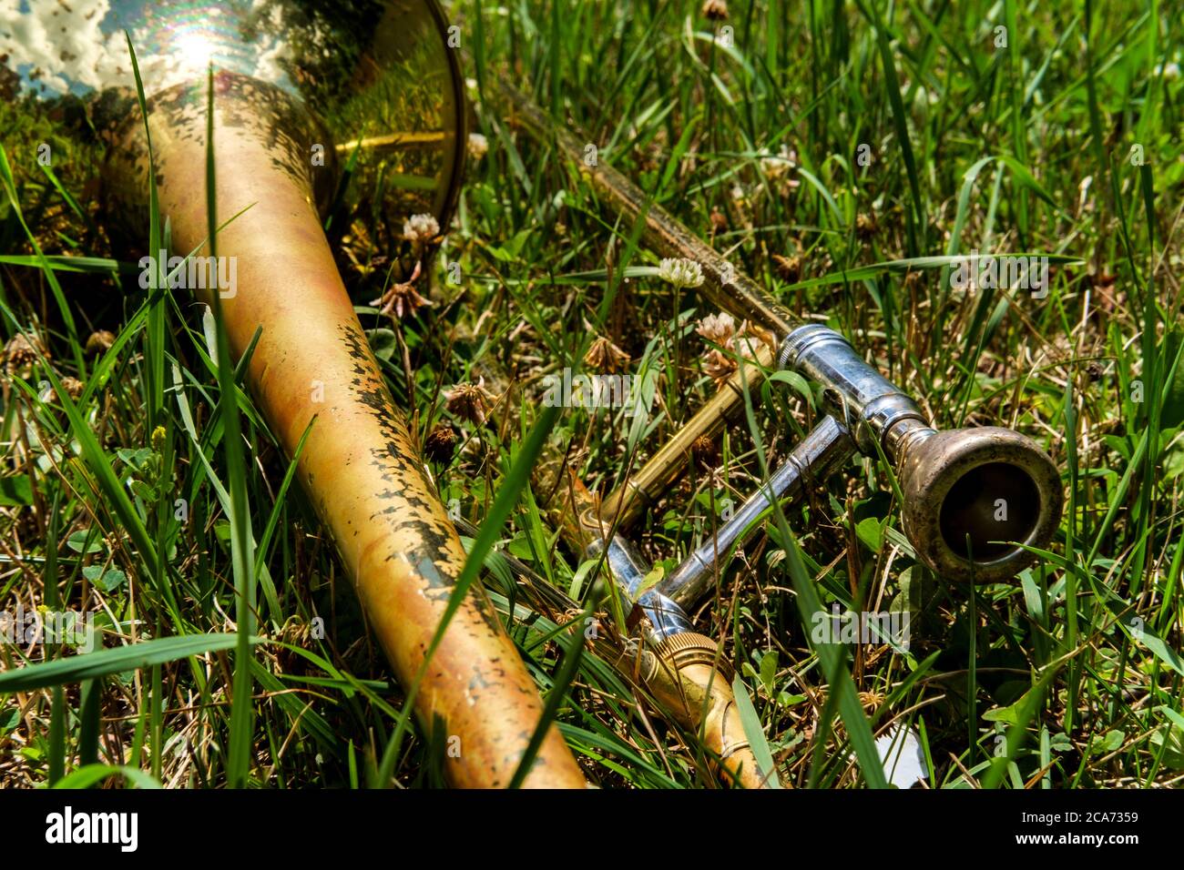 Old rusty trombone lays in grass field at music festival Stock Photo ...