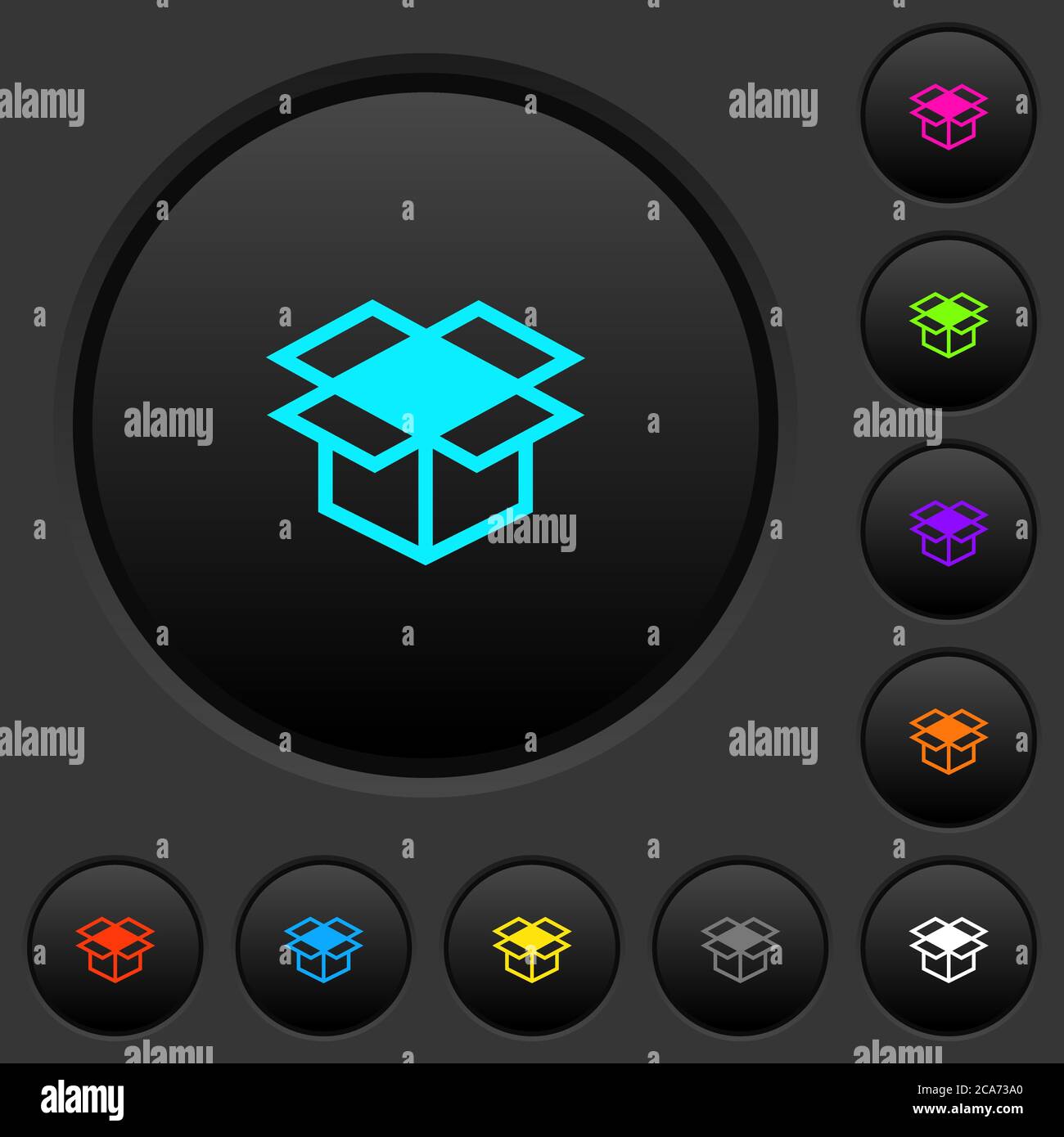 Open box dark push buttons with vivid color icons on dark grey ...